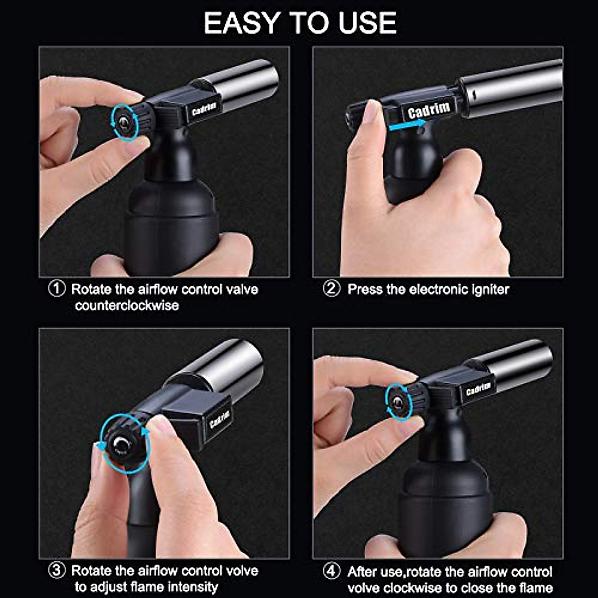 Big Butane Torch, Powerful and Strong Kitchen Torch Lighter with Safety Lock and Adjustable Flame, Refillable Blow Torch for Creme Brulee, Baking, Desserts and Searing