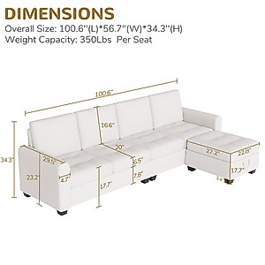 coucheta 100.6" Modular Sectional Sofa with Storage, Home Sofa Living Room with 4 Seat, L-Shaped Bench Chenille for Offices and Apartments, Deep Seat Sofa with Double Sided Chaise Longue, Beige