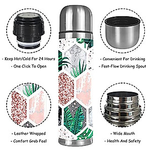 Geometric Plant Hexagon Stainless Steel Water Bottle Leak-Proof, Double Walled Vacuum Insulated Flask Thermos Cup Travel Mug 17 OZ