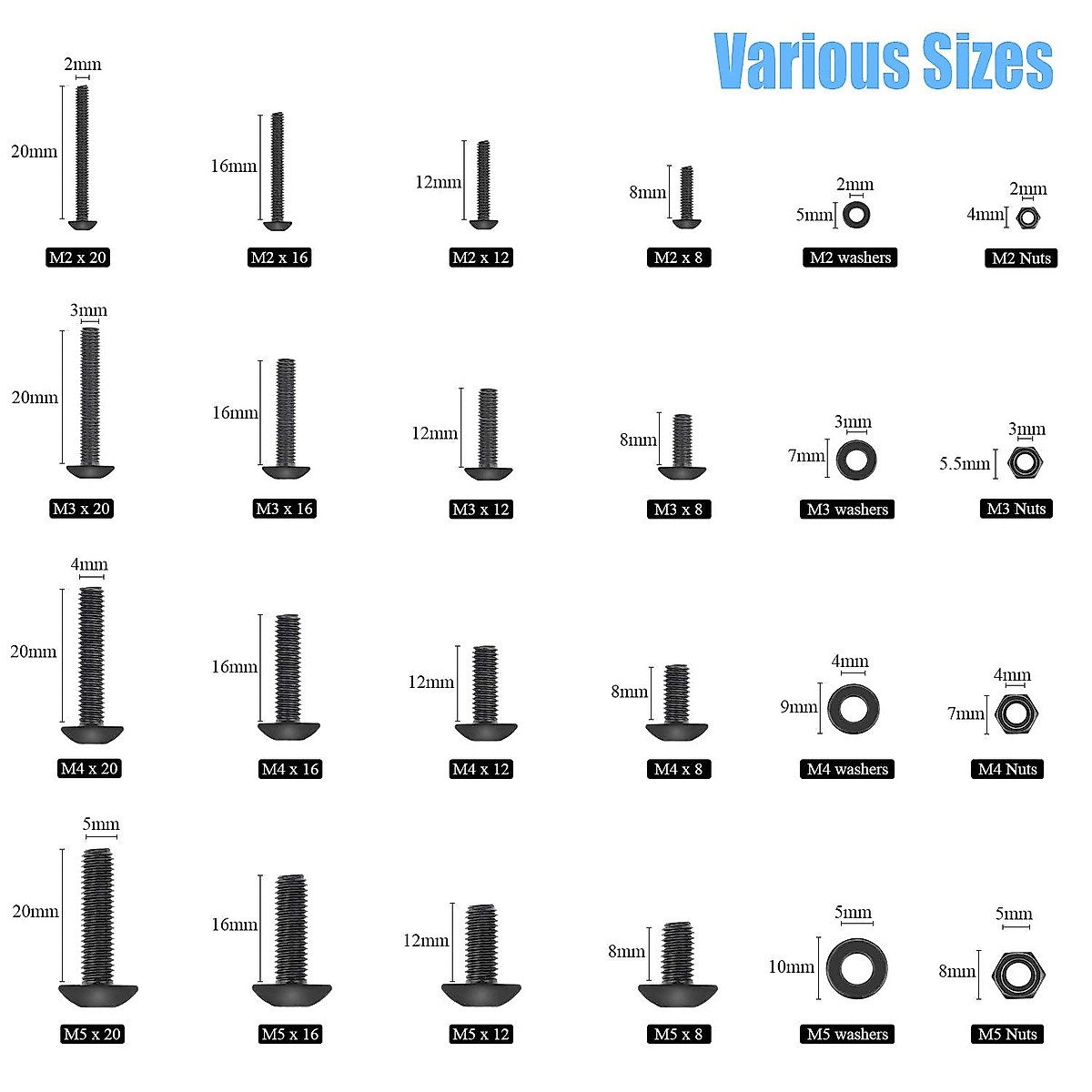 DYWISHKEY 1220 Pieces M2 M3 M4 M5, 10.9 Grade Alloy Steel Hex Button Head Cap Bolts Screws Nuts Washers Assortment Kit with Hex Wrenches