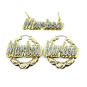 Name Necklace Plate Personalized Custom Nameplate and 2.5" XOXO Gold Earrings Made To Order Any Name Jewelry Set Laser Cut Diamond Look Glitter Script Cursive Letters, Quality Gold Chain, Stunning