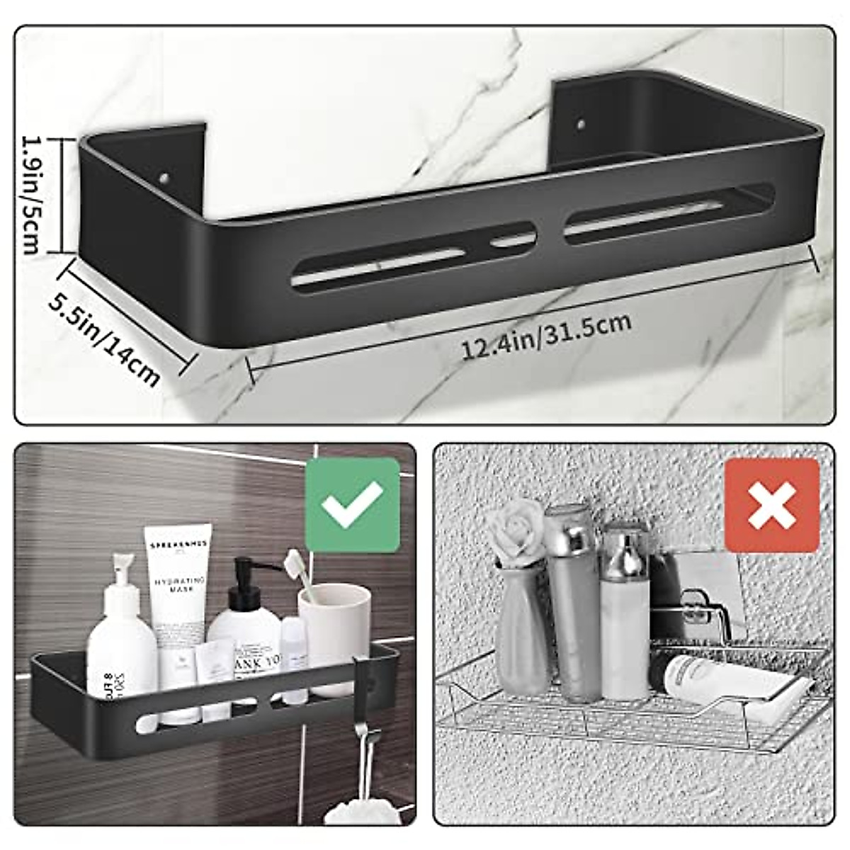 Caddy Shower Set of 2 Adhesive No Drilling Shower Shelves , Rustproof Titanium Alloy Shower Racks, Bathroom Shower Storage Shelves Organizer for Inside Shower & Kitchen with 4 Hooks(Black)