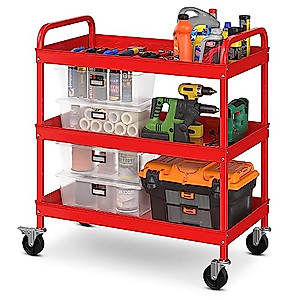 Goplus Service Cart, Heavy Duty 3-Tier Utility Cart with Flat Handle, 2 Lockable Universal Wheel, 400 lbs Capacity, Rolling Tool Cart for Garage, Kitchen, Hotel, Office, Workshop, Restaurant
