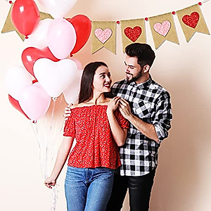 Whaline Valentine's Day Banner Glitter Heart Garland Burlap Banner with Wooden Beads Pre-Assembled Red Pink Heart Banner Fireplace Wall Hanging for Holiday Party Home Decoration