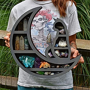 SXDHGTJ Cat in The Moon Crystal Wooden Shelf, Wall Mounted Crystal Display Shelf, Moon Shelf Black Cat Design Cute Wall Shelf Unit Black, Decorative for Living Room (A)