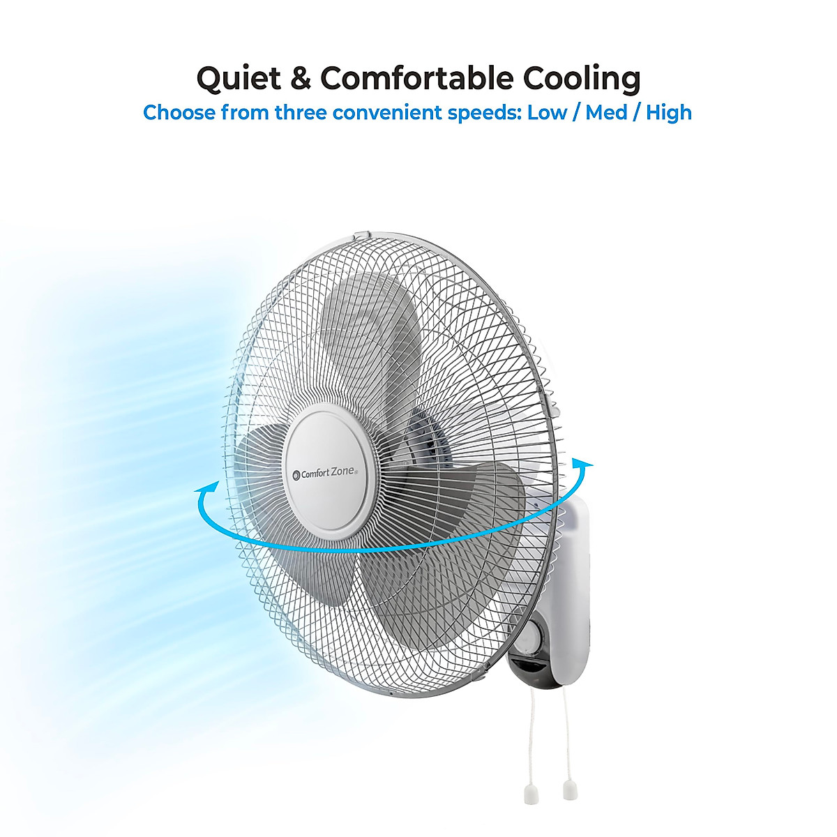 Comfort Zone CZ16W 16” 3-Speed Oscillating Wall-Mount Fan with Adjustable Tilt, Metal Grille, 90-Degree Oscillation, White