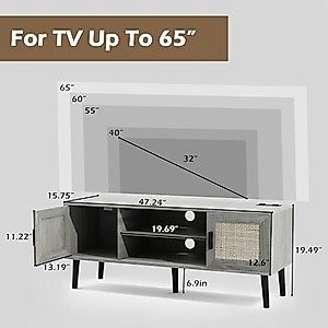 Hiwelldas TV Stand for 55 inch TV with Charging Station & 2 USB Ports Entertainment Center with Rattan Doors & Adjustable Shelf & LED Strip Boho Media Console for Living Room, Bedroom (Light Grey)