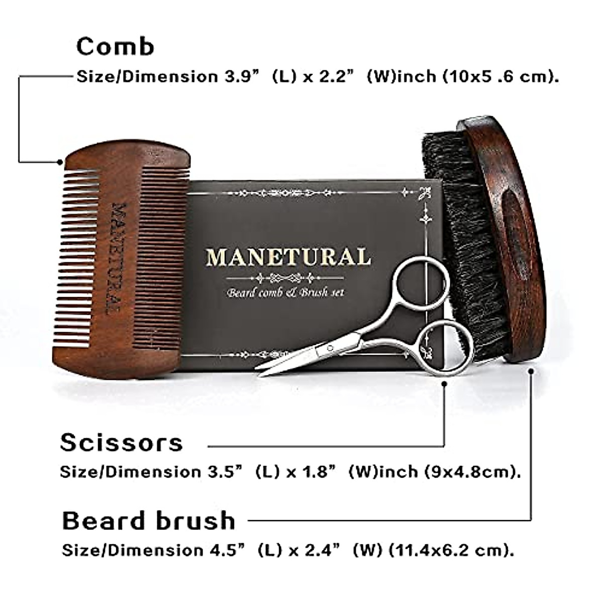 MANETURAL Beard Comb & Beard Brush Set for Men Dual Action Natural Wooden Beard Comb and Natural Boar Bristle Brush Great for Grooming Beard & Mustaches Scissors Gifts for Men Him