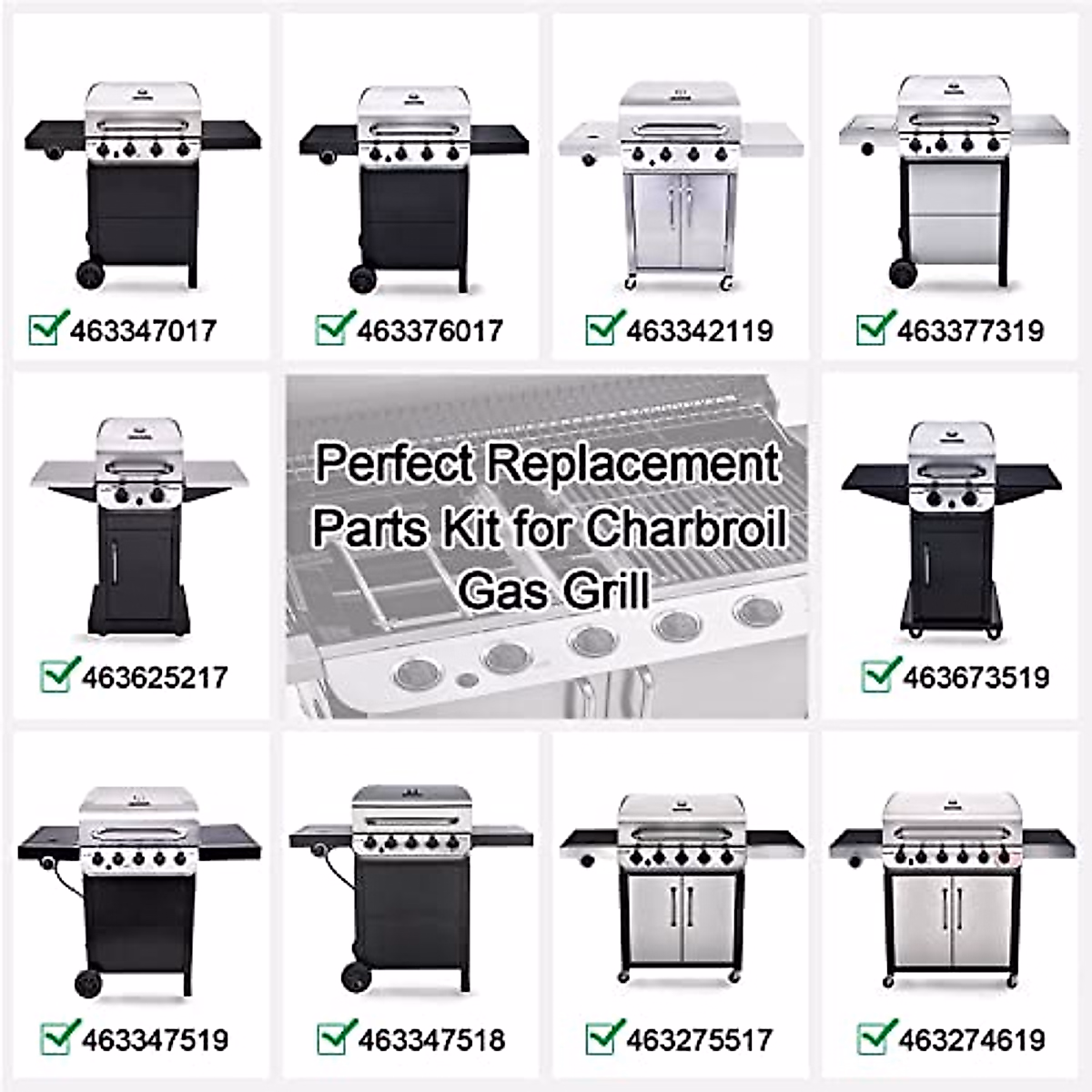 Grill Burners Replacement Parts for Charbroil 463347017 463361017 463277017 463673017 463376217 463342119 463376018P2 , Heat Plate Tend Shields, Crossover Tubes for Charbroil Performance 4 Burner