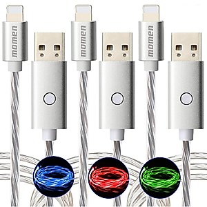 momen LED iPhone Charger Cable, 3 Pack 6FT Lighting Cables with Data Sync Fast Charging Cord Compatible 13/12/11/XS Max/XS/XR/X/8/7/Plus/SE/Pad,Phone Charger Cord Blue & Red & Green