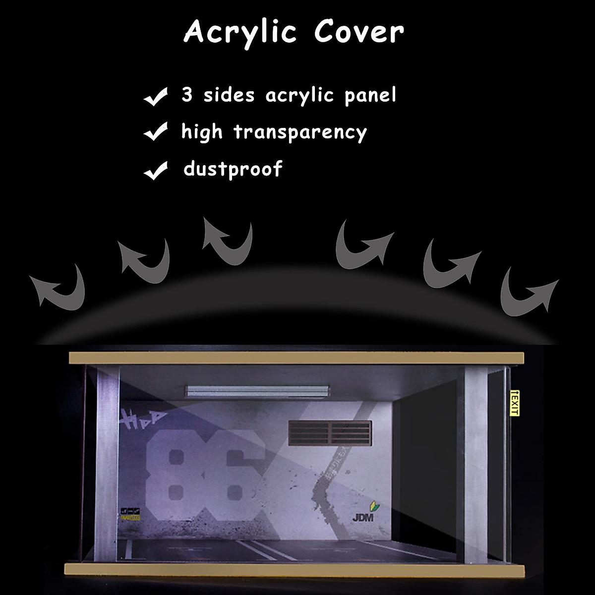 1/18 Scale Model Car Display Case - 1:18 Car Garage Display Case with Clear Acrylic Cover and LED Lighting for Die-Cast Cars, 2 Parkings 86