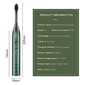 Flexforce Electric Toothbrush Adult, Rotating, Whitening Teeth Without Hurting Gums, 4 Replacement Toothbrush Heads, 1 Travel Box, 1 Dental Floss, Inductive Rechargeable, 5 Cleaning Modes, Green