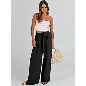 Caracilia Women Wide Leg Palazzo Pants Summer High Waist Flowy Casual Trousers Loose Lounge Beach Travel Vacation Clothes Black Medium