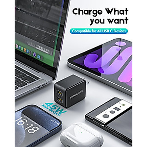 Yoocas 45W Super Fast Charger USB C,2 Ports Type C Wall Charger,Mini Foldable PD PPS Gan Charger Block for Galaxy S23 Ultra,Note 20,iPhone 15,iPad Pro,Laptop,MacBook Power Adapter,Steam Deck-Black