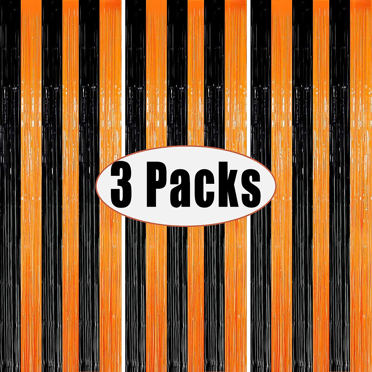 3 Packs 3.3ft x 6.6ft Orange Black Metallic Tinsel Foil Fringe Curtains Photo Booth Props for Halloween Birthday Bridal Shower Baby Shower Bachelorette Holiday Celebration Party Decorations