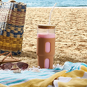 32oz Drinking Glass Tumbler with Bamboo Lid and Straw - Silicone Sleeve - Fits Car Cup Holder - Reusable Boba Smoothie Cup, Spill Proof Travel Water Bottle, Iced Coffee Tumbler, BPA Free - Amber.