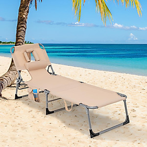 Moccha Folding Tanning Chair, Beach Lounger with Face Hole, 5-Position Adjustable Backrest, Side Pocket, Removable Pillow, Portable Bench Lounge Chairs for Outside Patio Pool Lawn (1, Beige)