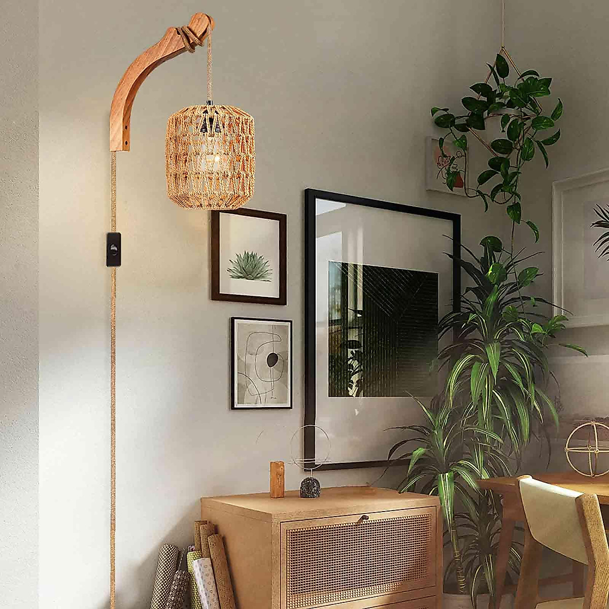 Plug-in Wall Sconces, Hemp Rope Pendant Light, Hand Woven Wall Lamp with Natural Paper String Lampshade, Farmhouse Wall Sconce Wall Mounted Light Boho Hanging Lamp for Bedroom Living Room (2 in1 DIY)