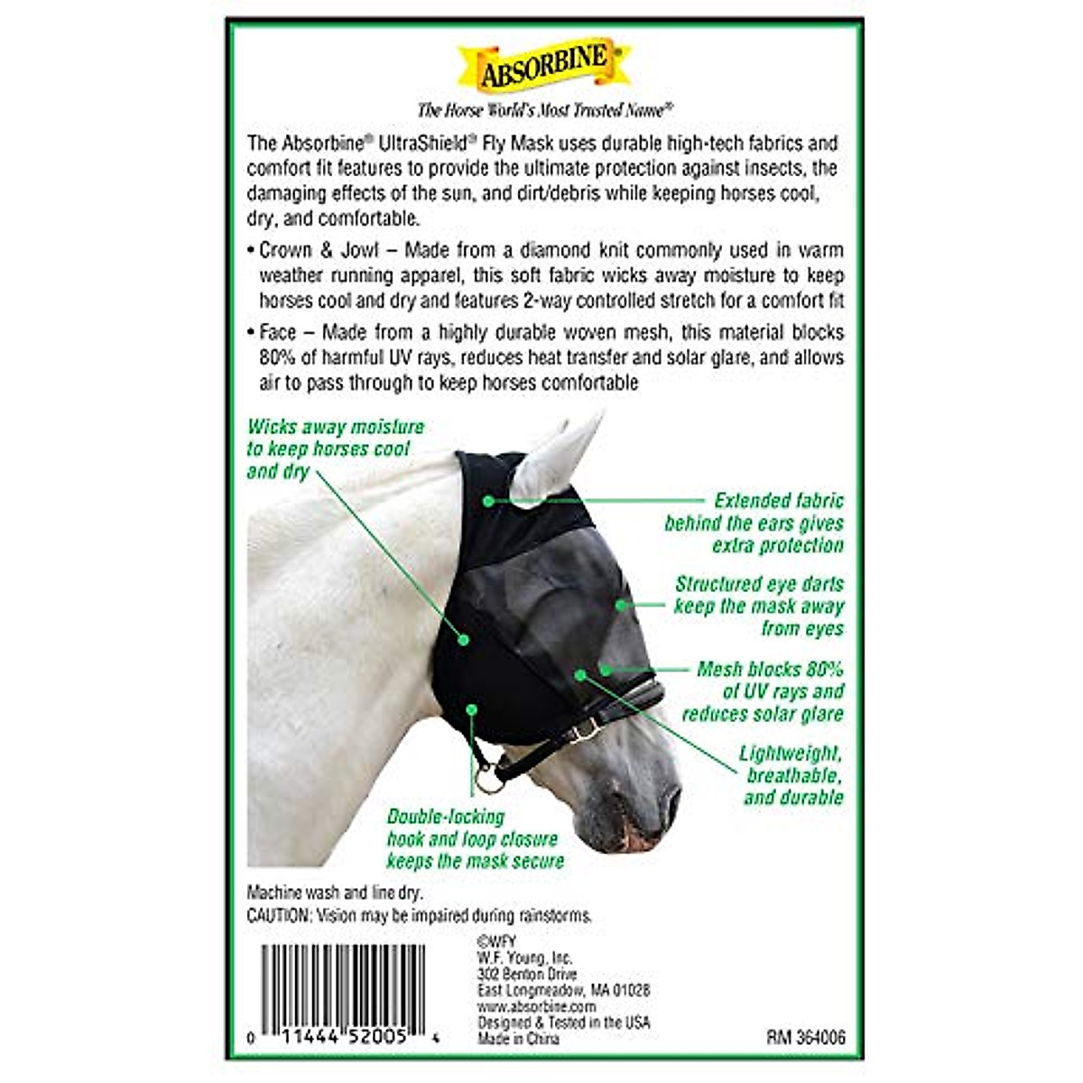 Absorbine UltraShield Equine Fly Mask, UV Protection, Horse Size Without Ears