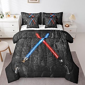 Lightsaber 7Pcs Comforter Set Twin Size 3D Neon Blue Red Bedding Set Geometric Sun Moon Round Fitted + Flat Sheet Kids Boys Girls Teens Room Decor Fashion Vintage Stone Wall 2 Pillow Cover,Black