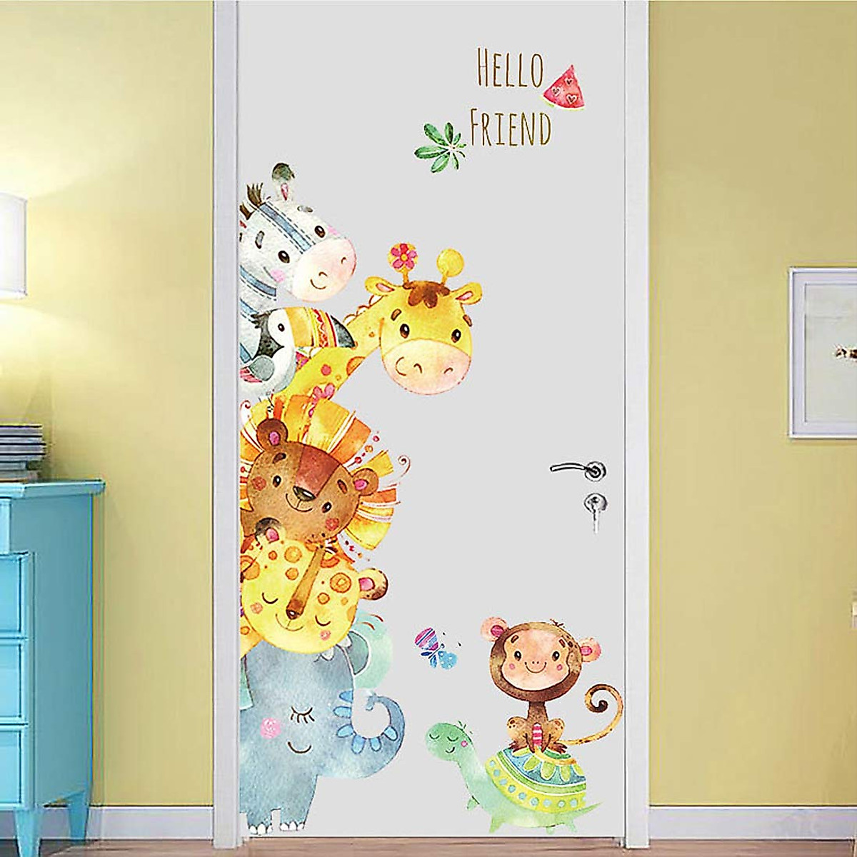 Cute Cartoon Animal Door Sticker Giraffe Elephant Wall Decals for Kids Rooms Bedroom Wardrobe Door Nursery Decoration
