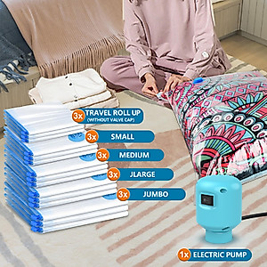 kissleaf Vacuum Storage Bags for Travel with Electric Air Pump,15 Pack(3 Jumbo,3 Large,3 Medium,3 Small,3 Roll Up Bags) Double Zip Seal Space Saver Bag for Comforters,Clothes,Mattress,Blanket, Duvets