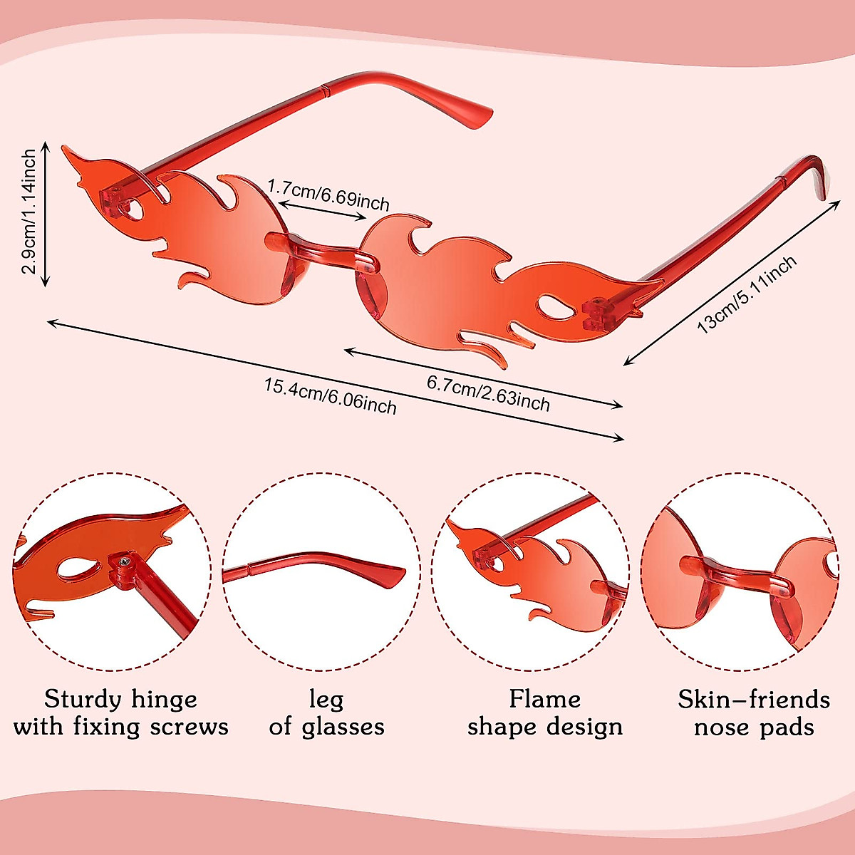 EBOOT 12 Pcs Halloween Party Decor Fire Flame Glasses Fire Shape Sunglasses Rimless Glasses Eyewear for Women Men (Pink and Red Series)