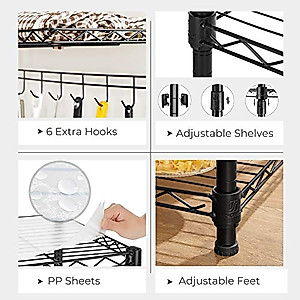 SONGMICS Kitchen Baker’s Rack, Adjustable Microwave Stand, Space-Saving Storage Rack with 4 Shelves 6 Hooks, for Pots, Pans, Spice Bottles, in the Kitchen, Apartment, Studio, Black ULGR040B01