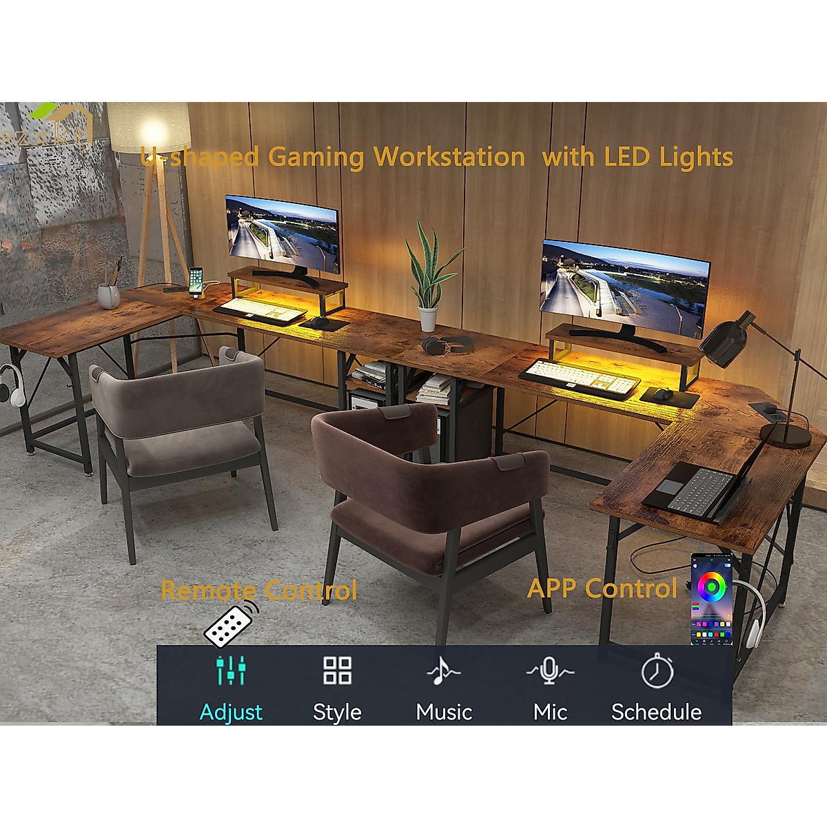 SZXKT L Shaped Gaming Desk with Power Outlets and Monitor Stand, Computer Desk with LED Lights,Home Office Desks Large Writing Study Table Workstation with Hooks Desk for Bedroom, Rustic Brown