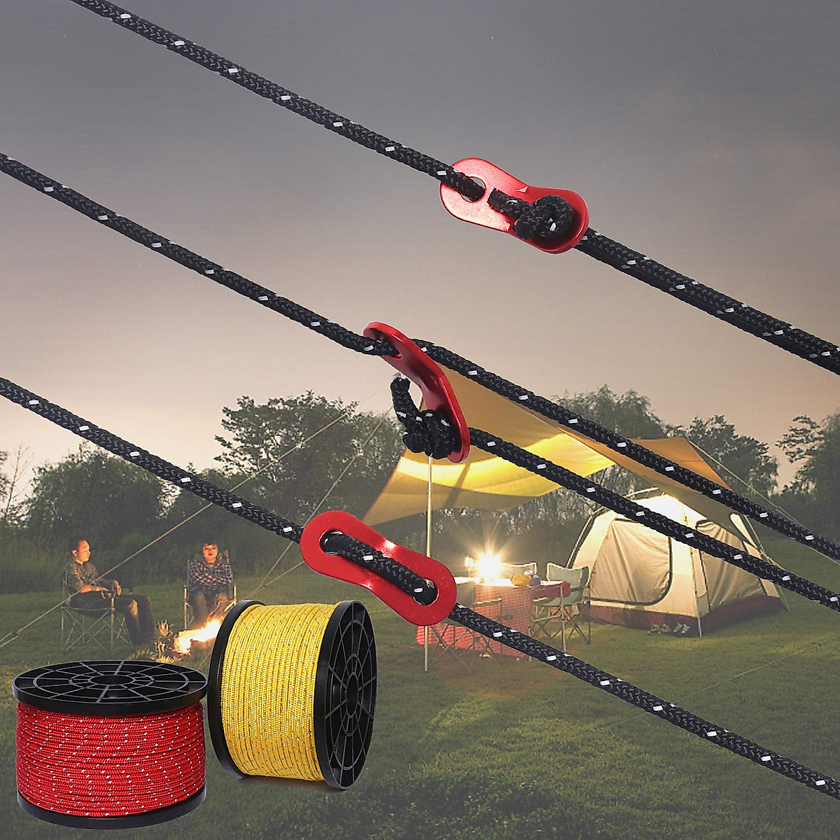 HIKEMAN 50m Reflective Guyline Solid Braid Nylon Camping Rope with Aluminum Adjuster Cord Tensioner Tent Accessory for Outdoor Travel,Hiking,Backpacking and Water Activities (Black, 3mm)