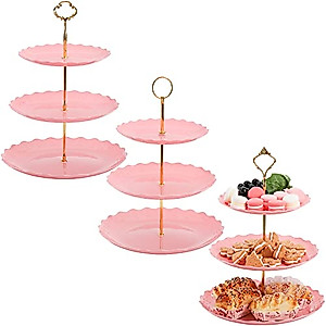 Tosnail 3 Pack 3 Tiers Pink Plastic Cupcake Stand Dessert Stand Tiered Serving Trays with 3 Styles Gold Rod, Party Serving Trays Fruit Pastry Holders for Wedding and Party - Heart and Flower Embossed