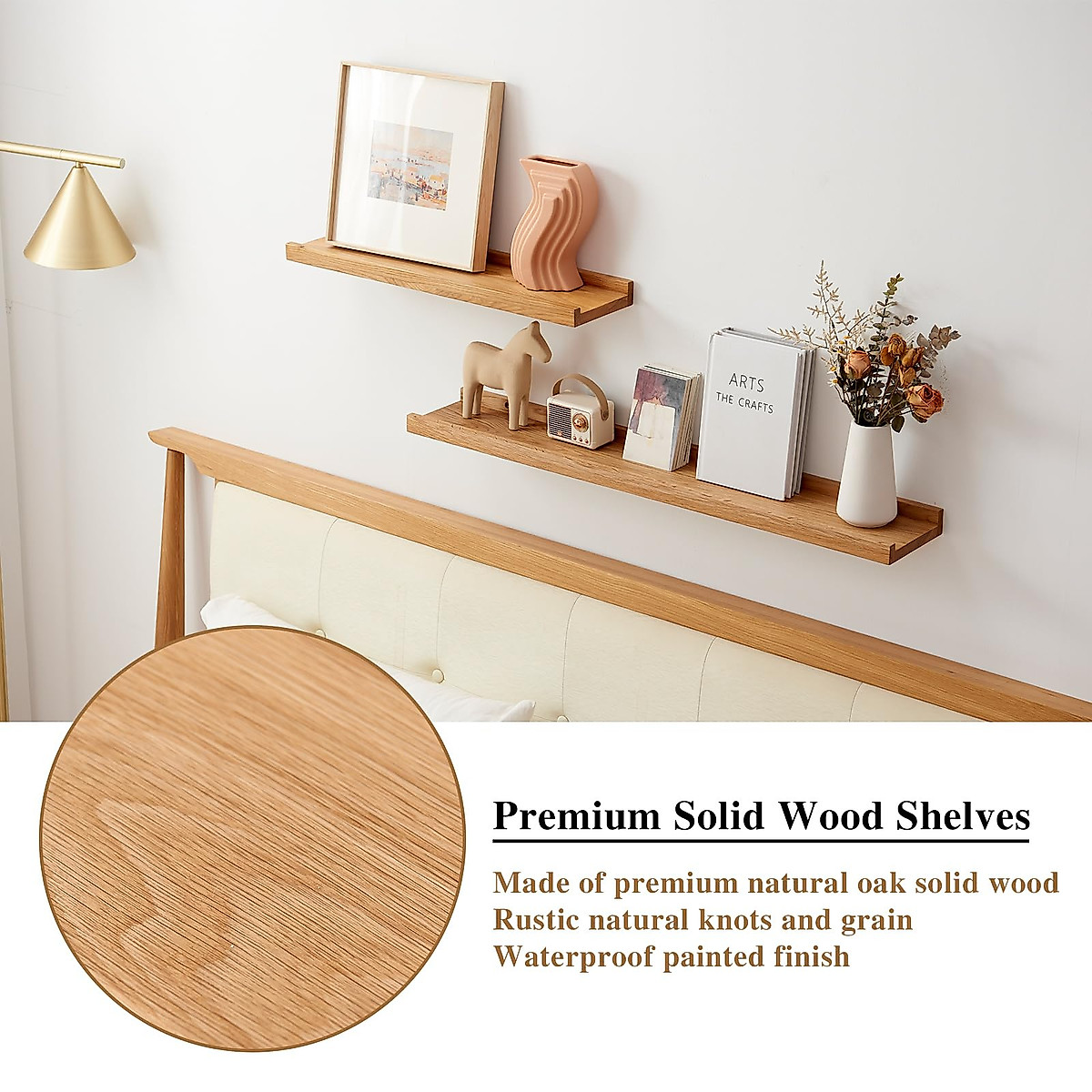 Oak Floating Shelves 24 Inch Wall Shelves for Decor and Storage, 4 Inch Deep Natural Solid Wood Shelf, Picture Ledge Shelf for Bedroom Bathroom Living Room KitchenLaundry Room