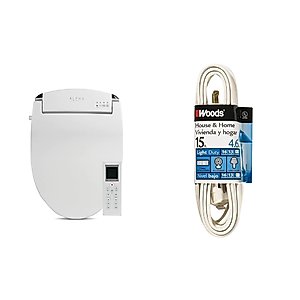 ALPHA BIDET JX2 Elongated Toilet Seat with Endless Warm Water, LED Light, Wireless Remote, Stainless Steel Nozzle, 3 Year Warranty and Woods 15-Foot Cube Extension Cord with Power Tap