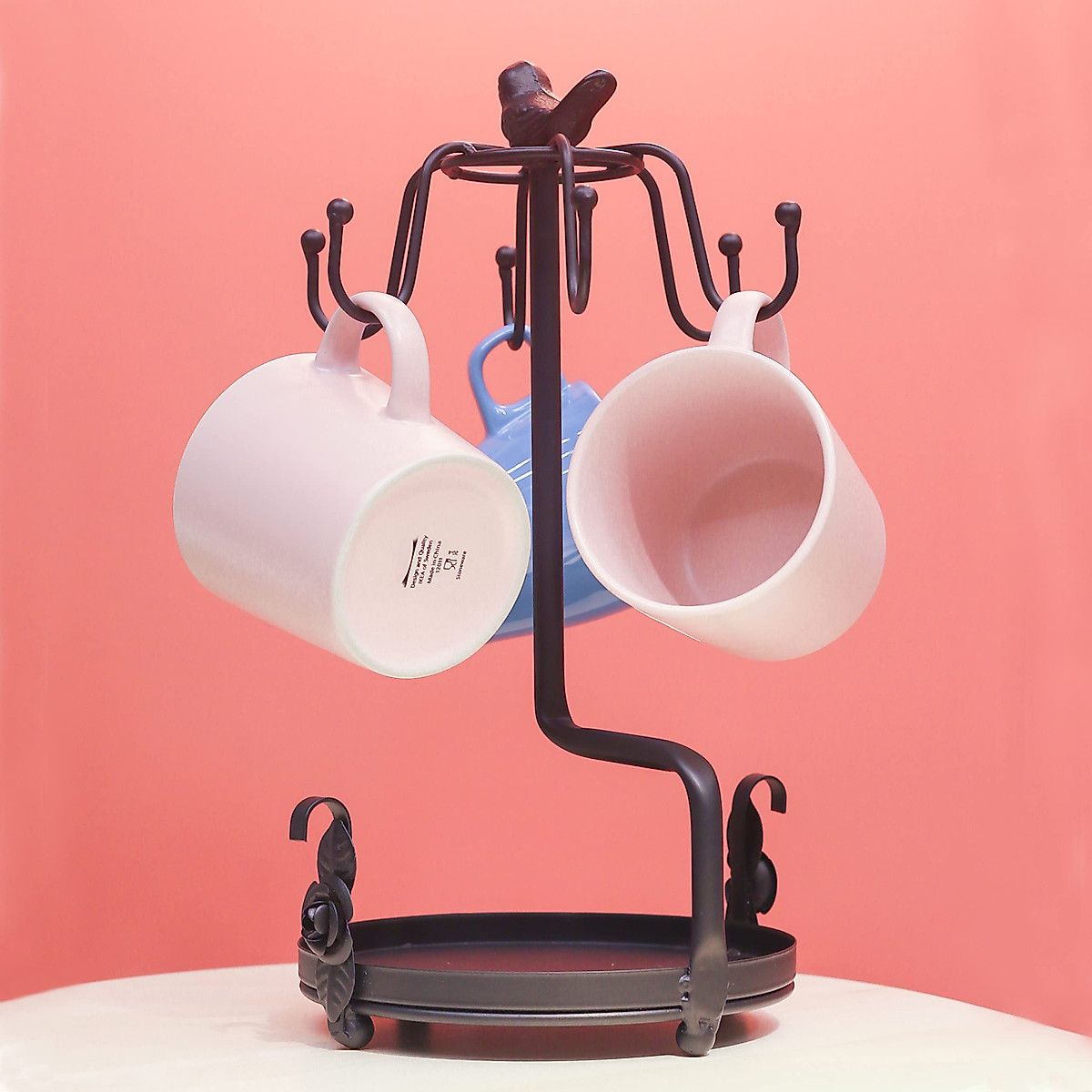 LWXPAIYY Coffee Mug Tree Holder,Tea Cup Storage Rack with Small Storage Area for Counter,Mug Holders Countertop for 6 TeaCups,Metal Coffee Mug Tree Stand Rack with 6 Hooks (Black)