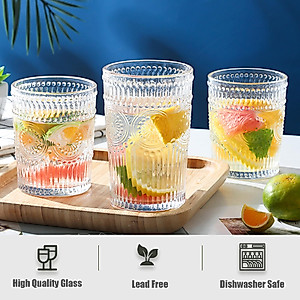 Vintage Striped Glassware 8 Set, Textured Drinking Glasses, 4 Highball 12oz & 4 Rocks 10oz, Juice Cups for Cocktails & Beverages, for Home and Bar