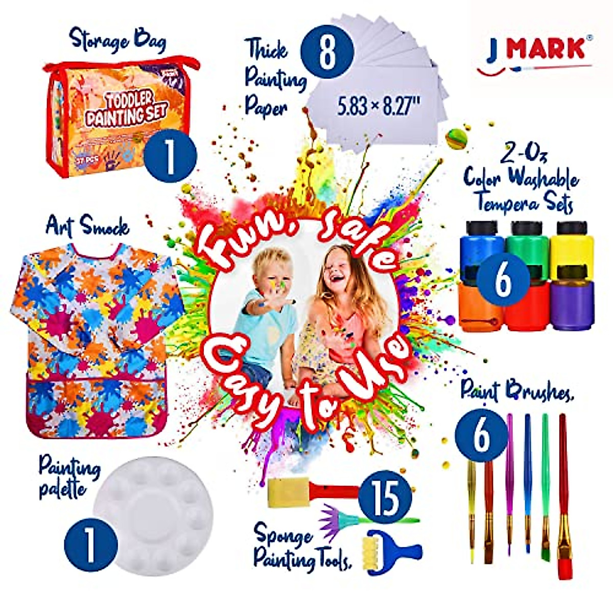 J MARK Toddler Painting Set – 38-Piece Set with Art Smock, 6 Washable Tempera Paints, Painting Paper, Brushes, Sponges, Painting Tools and Palette (Colors)