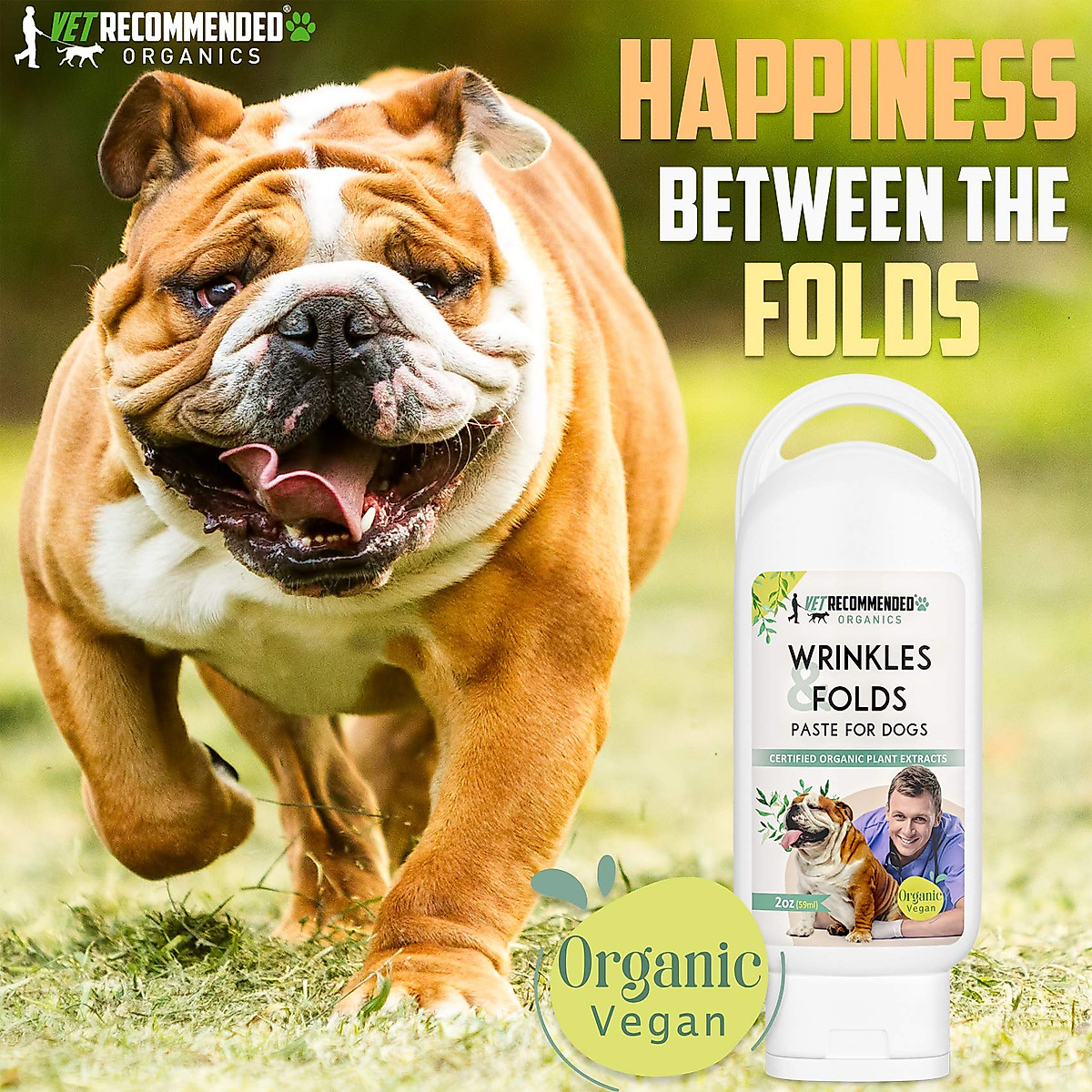 Vet Recommended - Organic Vegan Wrinkle Cream for Bulldogs - French Bulldogs, Shar Pei's - Clean and Protect Wrinkles and Folds (USA Made - 2oz - 59ml)