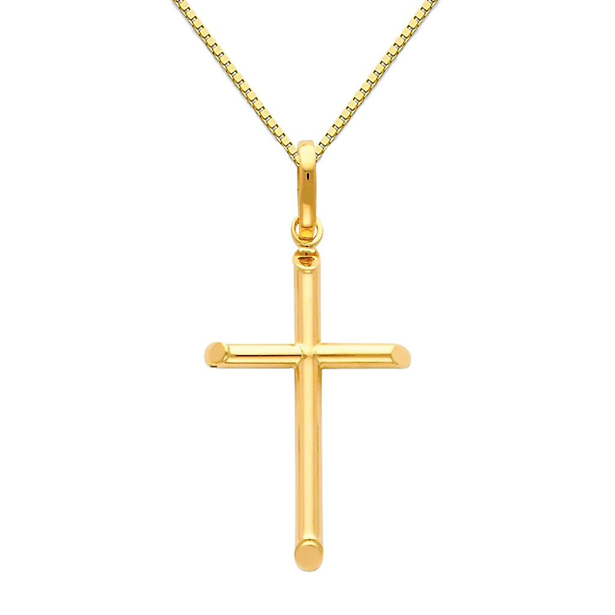 The World Jewelry Center 14k REAL Yellow Gold Religious Cross Pendant with 0.8mm Box Link Chain Necklace - 16"