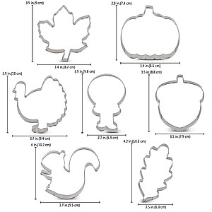 LILIAO Fall Thanksgiving Cookie Cutter Set, 7 Piece, Pumpkin, Turkey, Maple Leaf, Oak Leaf, Turkey Leg, Squirrel and Acorn Biscuit Cutters, Stainless Steel