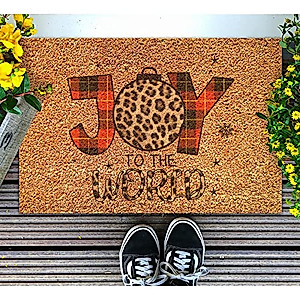 Joy to The World Coir Door Mat Merry and Bright Rug Buffalo Plaid Leopard Christmas Funny Thick Durable Non Slip Mat for Indoor Outdoor Porch Home Entryway 24x36in