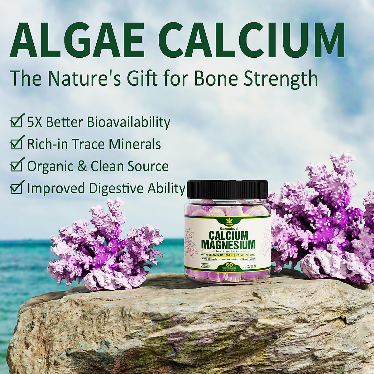 Plant Based Calcium Supplement 600mg with Vitamin D3 K2, Zinc for Bone Strength, Sustainably Sourced Algae Calcium Magnesium 2:1 Ratio, Sugar Free Calcium Gummies 70+ Trace Minerals, Vegan, 60 Counts
