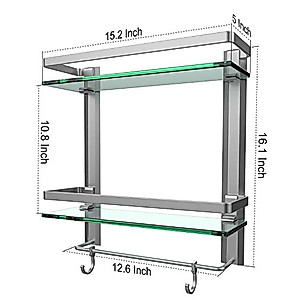 Vdomus Bathroom Tempered Glass Shelf with Towel Bar Wall Mounted, Brushed Silver Finish (2 Tier + 1 Tier)