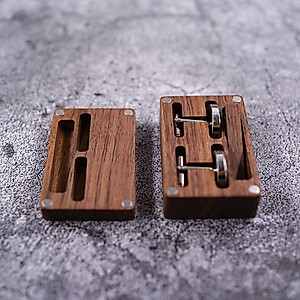 Rustic Black Walnut Wooden Round Cufflinks Tie Clips With Organizer Box for Men