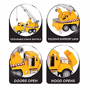 Driven by Battat – 4 Toy Vehicles for Kids&Toddlers – 7.5" Crane Truck, 7.5" Tow Truck, 7.5" Fire Truck, 7" Log Truck – Lights & Sounds – Gift Construction Toys for 3 Year Old+