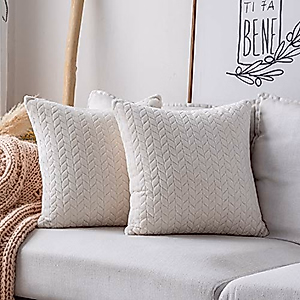 UGASA Velvet Soft Solid Decorative Square Throw Pillow Covers Cushion Case for Sofa Bedroom, 2 Packs, 18x18Inch (45x45cm), Cream