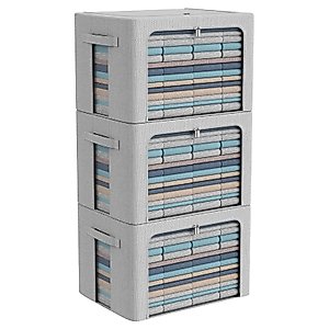 3Pack Foldable Storage Bins - Frame Storage Box Linen Fabric Stackable Clothes Container Organizer with Clear Window & Carry Handles Large Capacity (Large-66L, Light Grey)