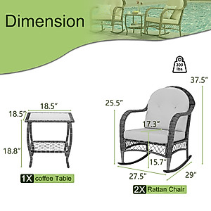 BALDPER 6 Pieces Patio Conversation Set, Lounge Rocking Chair with Cushion & Coffee Table, Wicker Bistro Set, Outdoor Furniture Set for Porch, Deck, Backyard, or Poolside, Beige