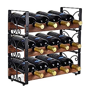 X-cosrack Rustic 3 Tier Stackable Wine Rack Freestanding 12 Bottles Organizer Holder Stand Countertop Liquor Storage Shelf Solid Wood & Iron 17" L x 7.2" W x 16.5" H-Patent Design