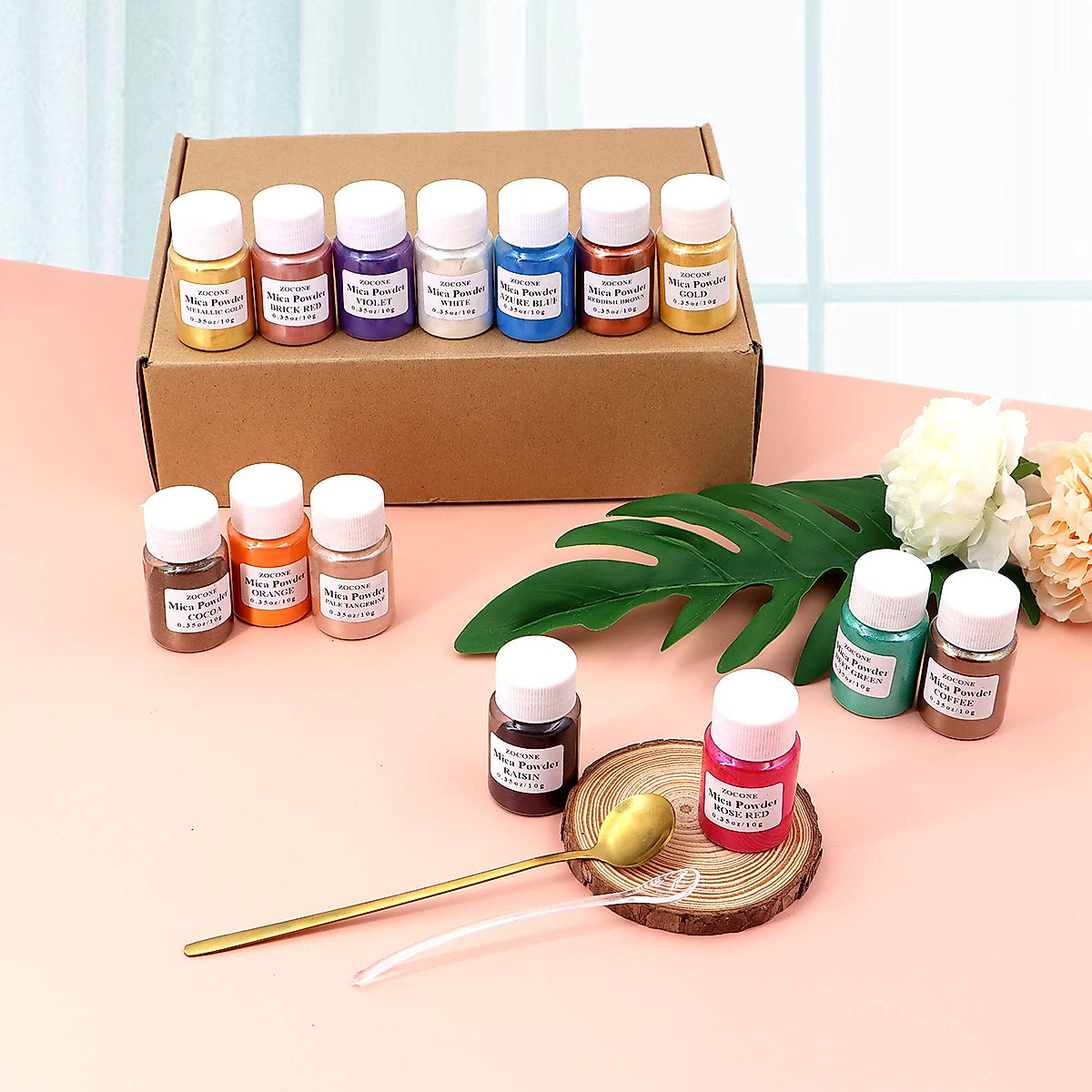 ZOCONE Mica Powder for Epoxy Resin, 42 Colors 0.35 oz (10g) Each Jar Mica Pigment Powder 11 PCS Spoons, Colors Mica Powder for Soap Making, Candle Making, Bath Bomb, Nail Art, Slime, Craft Projects