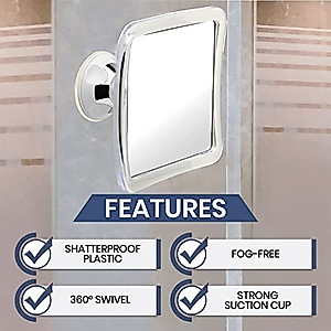 Fogless Shower Mirror for Shaving with Upgraded Suction, Anti Fog Shatterproof Surface and 360° Swivel - Includes Optional Hook Accessory To Transform Suction Mirror Into Hanging Mirror - 6.3" x 6.3"